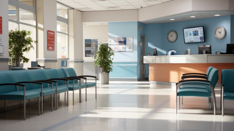 A Waiting Room with Blue Chairs and a Clock on the Wall Stock Image ...