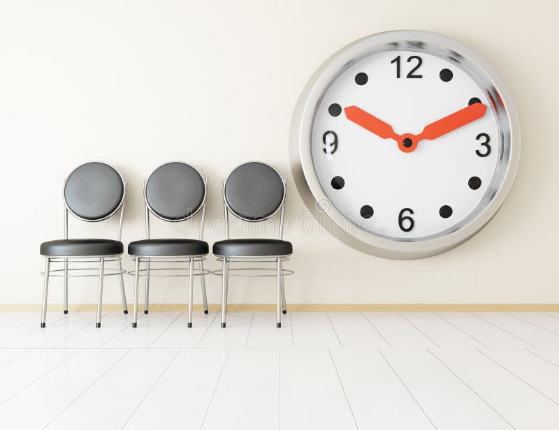 Waiting Room with a Row of Chairs and Wall Clock Stock Illustration ...