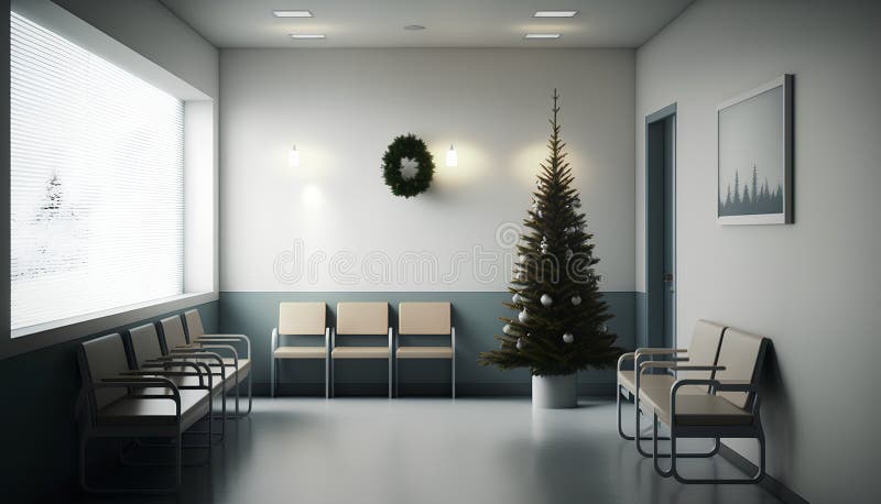 Waiting Room with Christmas Tree and Chairs. 3d Render Stock ...
