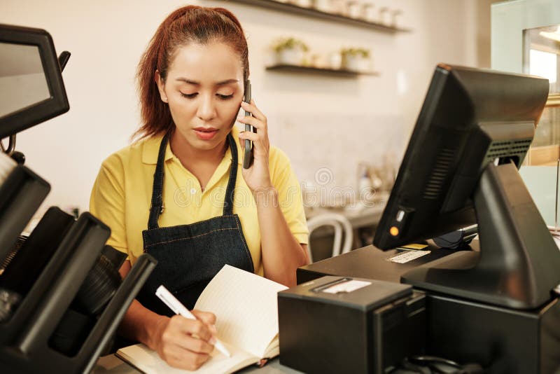 Waitress Accepting Order Via Phone Call Stock Image - Image of apron ...