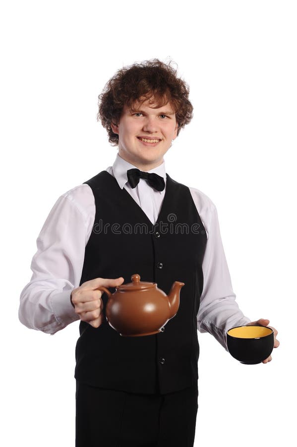Waiter with Brown Ceramic Teapot Stock Photo - Image of person, happy ...