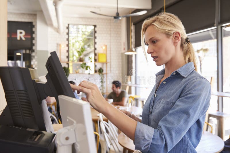 Waitress at Cash Register in Coffee Shop Stock Image - Image of women ...