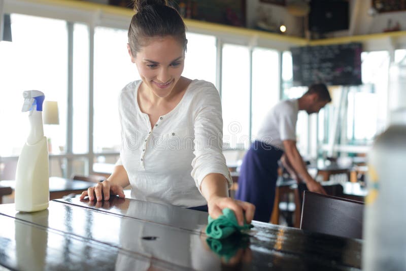 Waitress Cleaning Bar Counter before Work Stock Image - Image of cafe ...