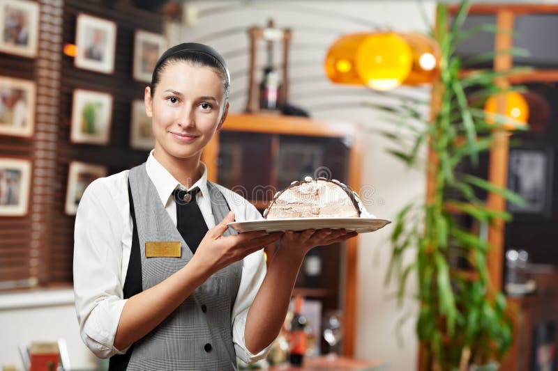 Waitress Girl with Cake on Plate at Restaurant Stock Photo - Image of ...