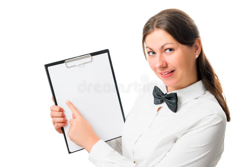 Waitress Girl Shows a Blank of Paper Stock Image - Image of restaurant ...