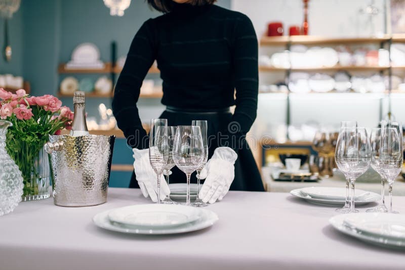 Waitress in Gloves Puts the Dishes, Table Setting Stock Image - Image ...