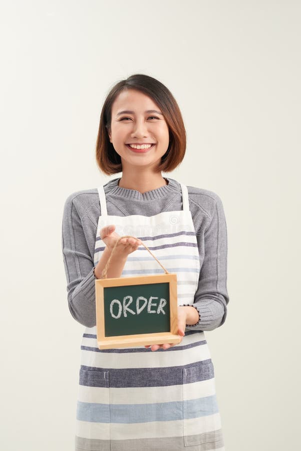Waitress Holding the Chalkboard Order Sign on White Background Stock ...