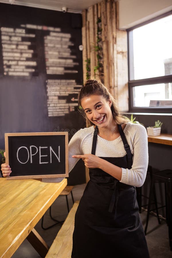 Waitress Holding a Sign with Open Stock Image - Image of expertise ...