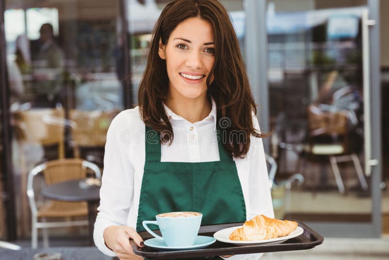 Waitress Holding Tray with Coffee and Croissant Stock Photo - Image of ...