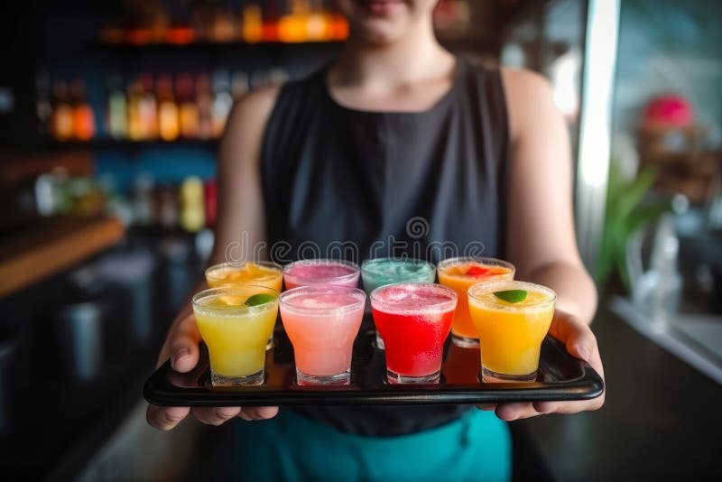 Waitress Holding A Tray With Colourful Refreshing Cold Cocktails
