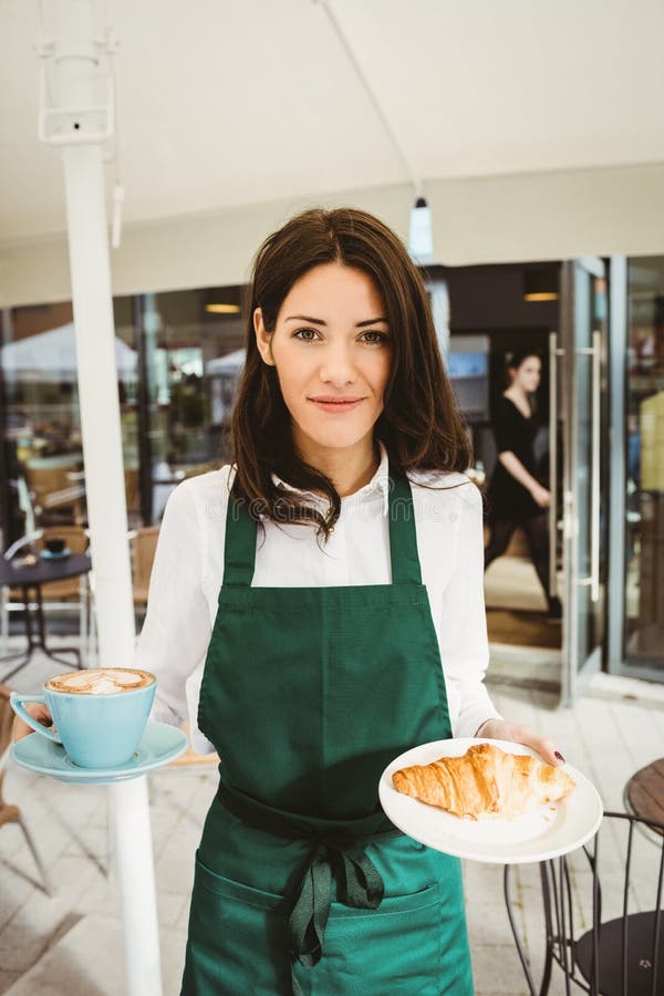Waitress Posing with Coffee and Croissant Stock Image - Image of cafe ...