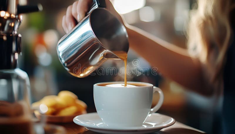 Waitress Pouring Hot Drink during Coffee Break, Closeup Stock Photo ...
