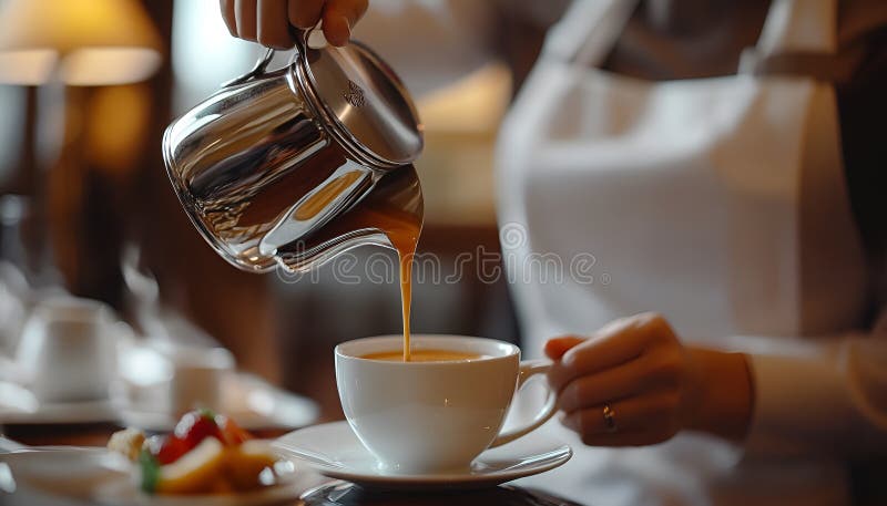 Waitress Pouring Hot Drink during Coffee Break, Closeup Stock Photo ...