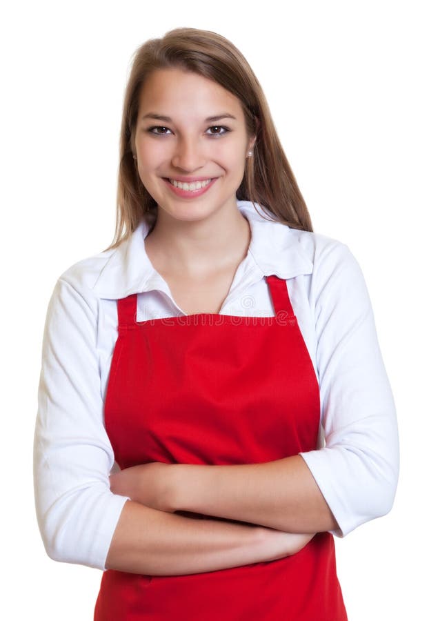 Standing Waitress with Red Apron and Crossed Arms Stock Image - Image ...