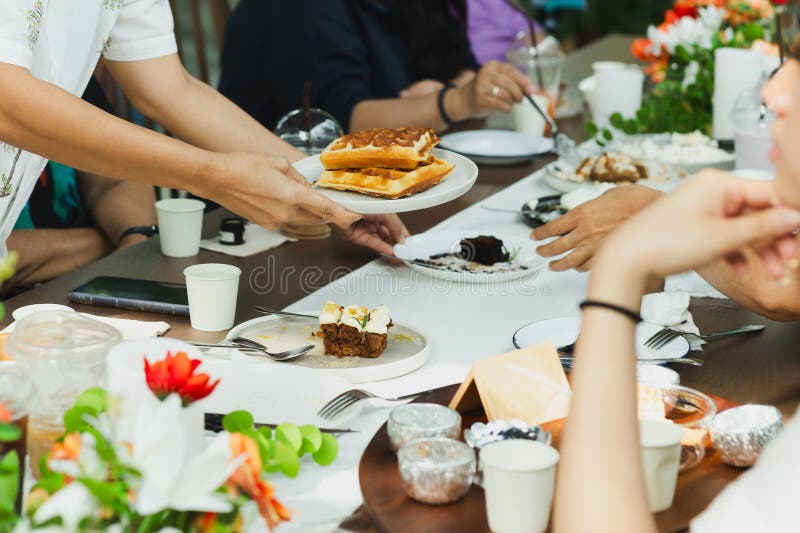 Waitress Serving Belgian Waffles To Customer in Cafe. Stock Image ...