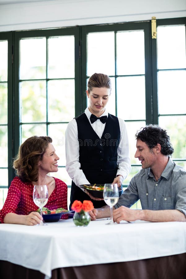Waitress Serving Meal To a Couple Stock Image - Image of cheerful ...