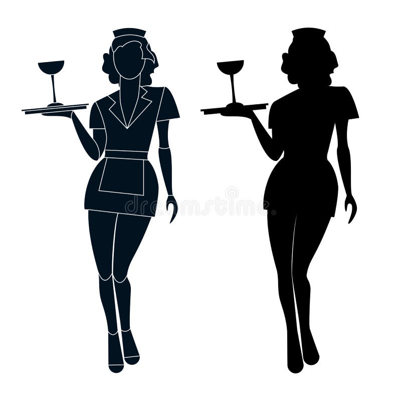 Waitress Silhouette in Chef Hat Holds Serving Tray Stock Illustration ...