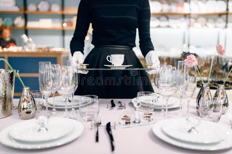 Waitress with Tray Puts the Dishes, Table Setting Stock Image - Image ...