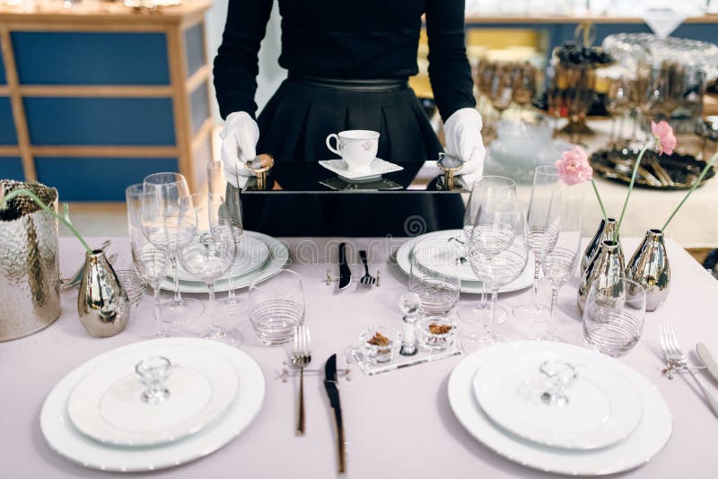 Waitress with Tray Puts the Dishes, Table Setting Stock Image - Image ...