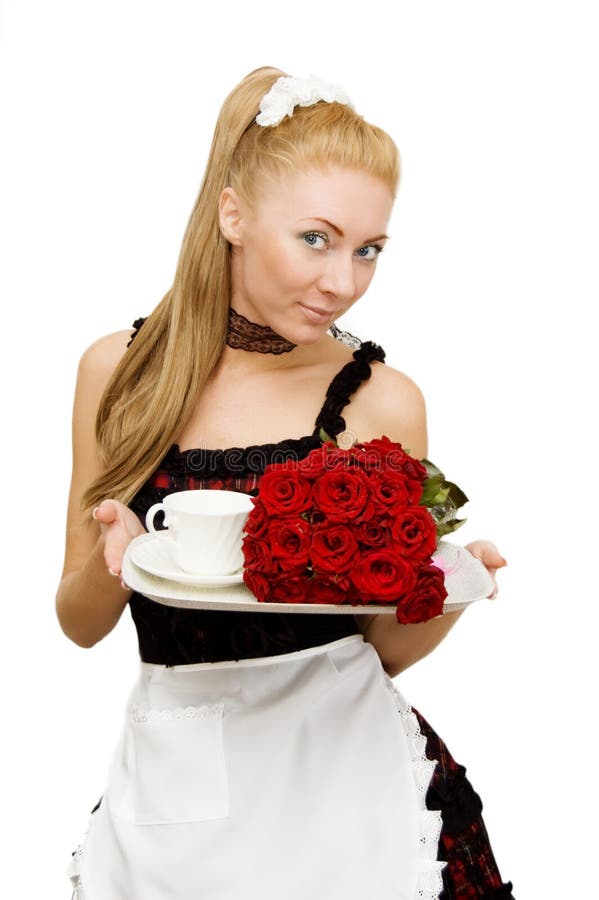 Waitress in Uniform with Tray and Flowers Stock Photo - Image of cafe ...