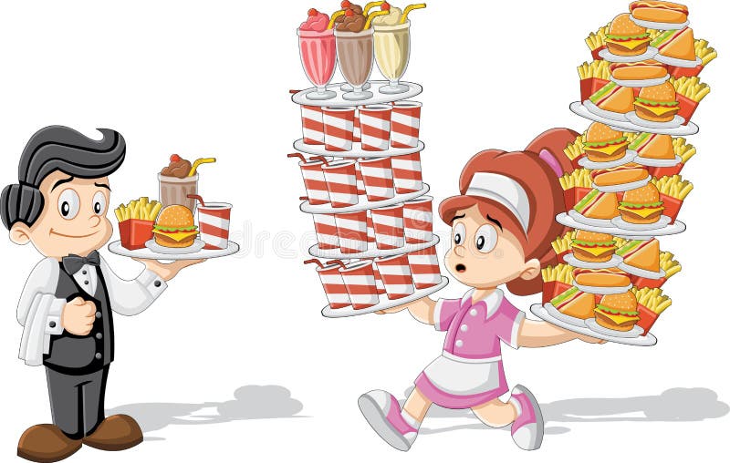 Waitress and Waiter Holding Tray Stock Vector - Illustration of ...