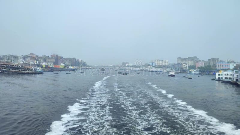 Wake of Vessel. Wide Wake Trail from Boat. Ships are Standing Both Side ...