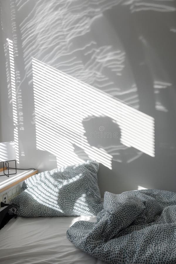 Waking in the Morning, the Shadow of a Woman on the Bed in the Rays of ...