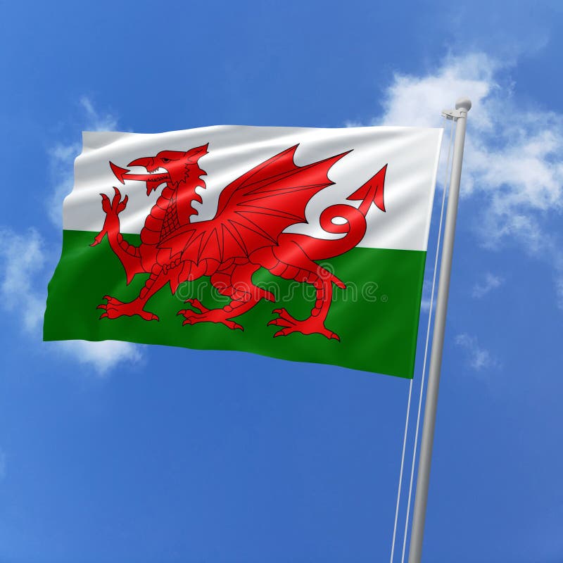 Wales Flag Fluttering in the Wind on Sky. Stock Illustration ...
