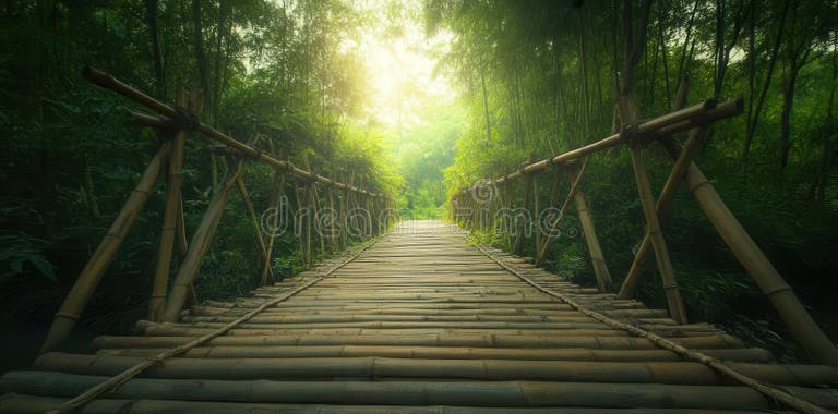 Walk Across the Bamboo Bridge in Tranquil Forest with Natural Pathway ...