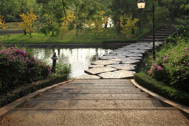 Walk across the pond. stock image. Image of cement, morning - 150461877