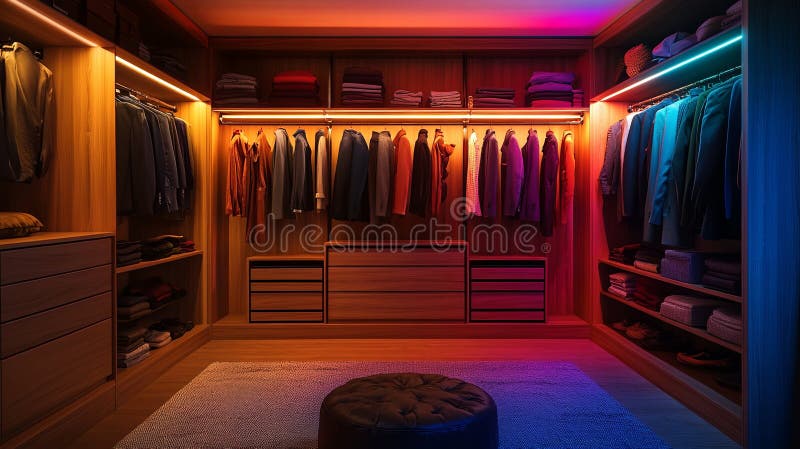 A Walk-in Closet with Color-coded LED Lighting that Matches the Stock ...
