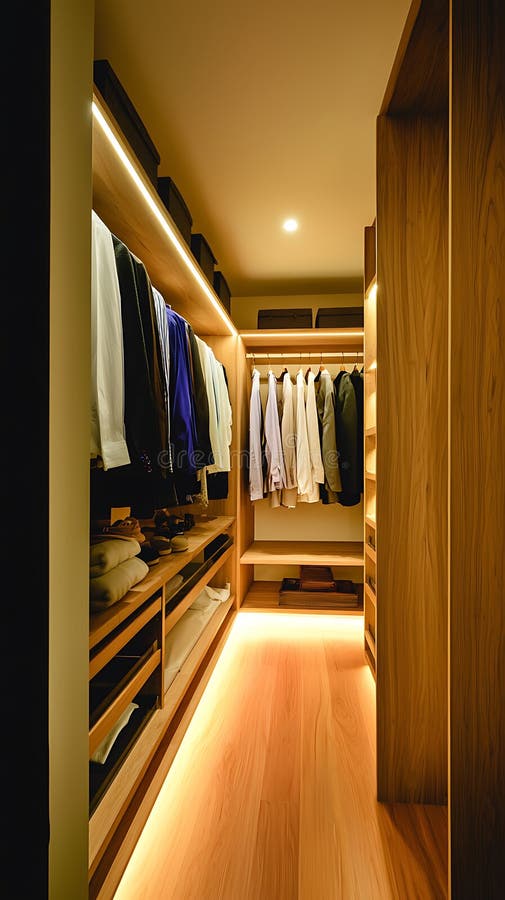 A Walk in Closet with a Lighted Floor and Shelves Stock Image - Image ...