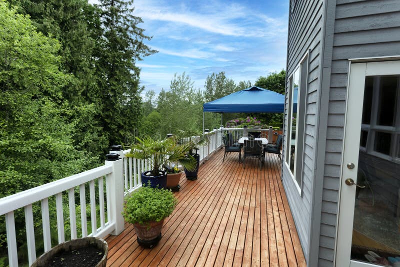 Walk Out Home Wood Deck during Spring Season with Plants in Bloom Stock ...