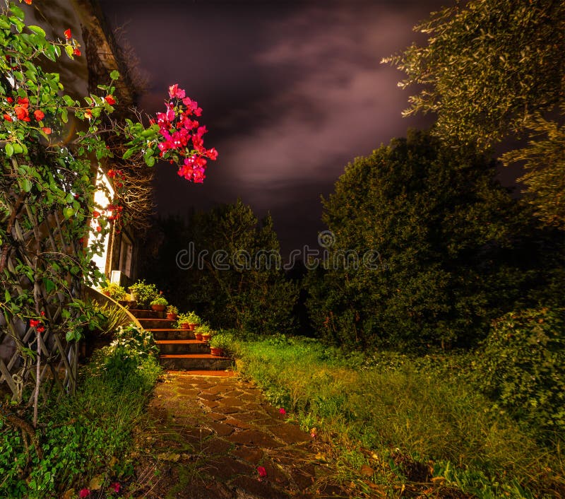 Walk Path in a Private Garden at Night Stock Image - Image of ...