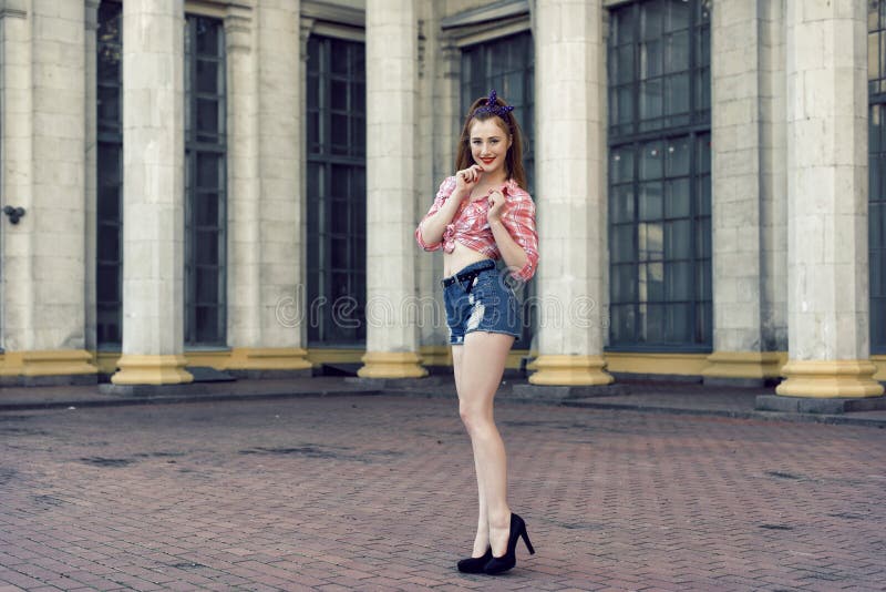 Walk with a Red Haired Girl in Retro Style Stock Image - Image of ...