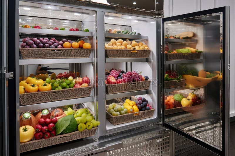 Walk-in Refrigerator with a Variety of Fruits and Vegetables in Baskets ...