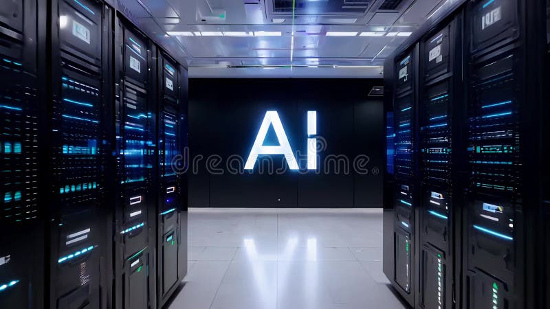 A Walk-through of a Server Room with the Word AI Stock Footage - Video ...