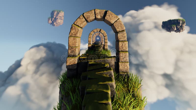 Walk on a Sky Stylized Path with Stone Gates and Grass, in the Clouds ...