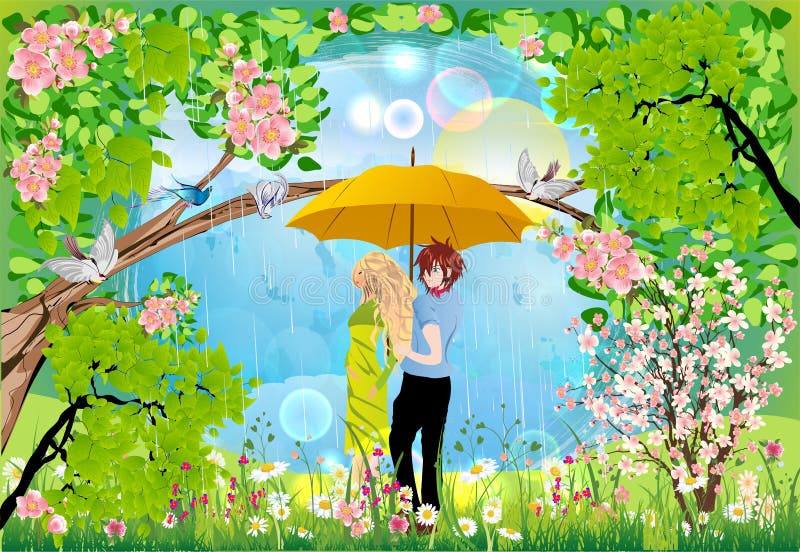 Walk in spring rain, stock illustration. Illustration of birds - 136183538