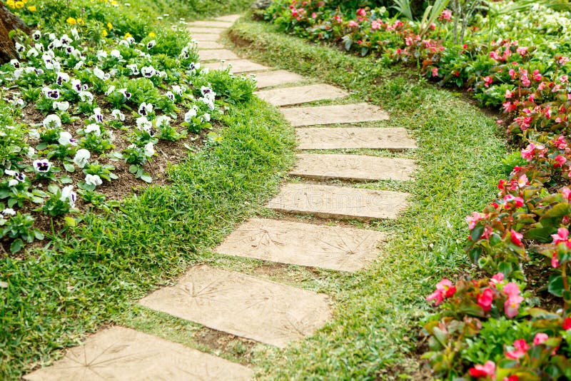 Walk Way on the Seasonal Flower Garden Stock Photo - Image of ground ...
