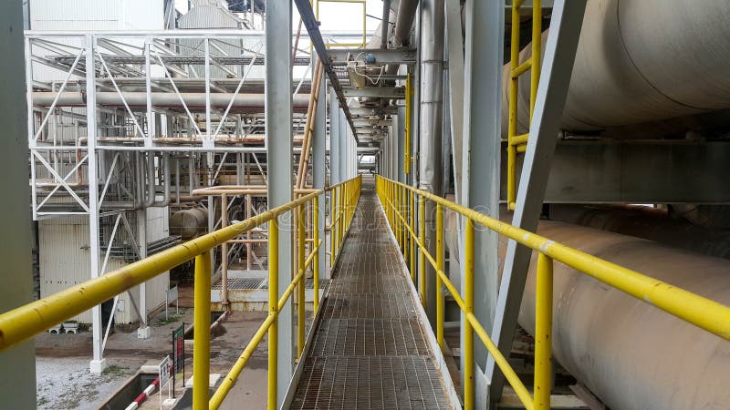 Walk Way with Yellow Handrail Inside Factory Stock Photo - Image of ...