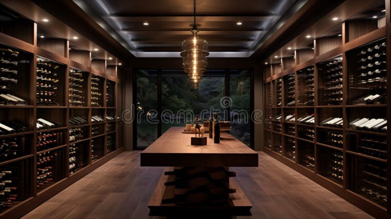 A Walk-in Wine Cellar with Wine Racks and Dimmed Lighting Stock ...