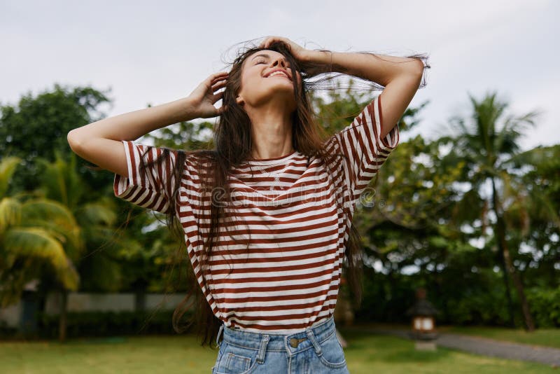 Beautiful Woman Park Walk Striped Smiling T Shirt Nature Freedom Summer