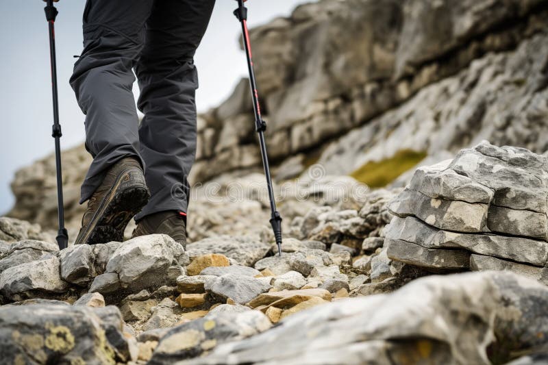 Walker with Poles Navigating a Rocky Terrain Stock Photo - Image of ...
