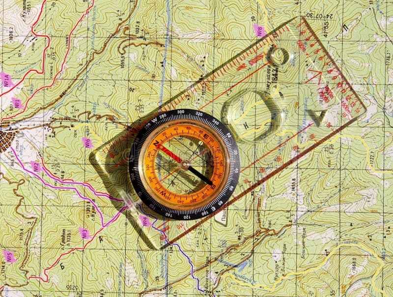 Walkers Compass and on a Topo Map Stock Image - Image of camping, lost ...
