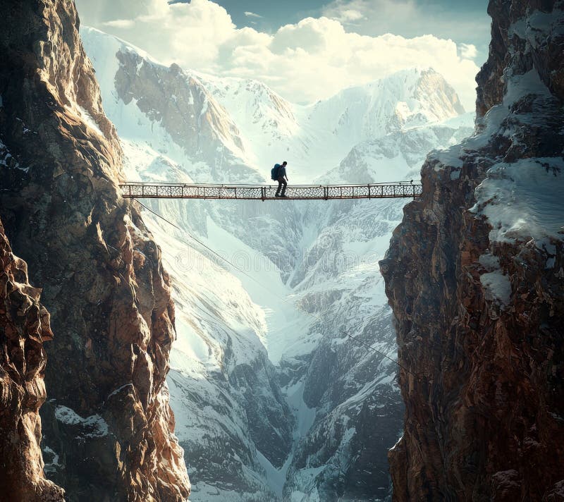 Walking Across a Suspension Bridge between Mountains As a Hiker. Stock ...
