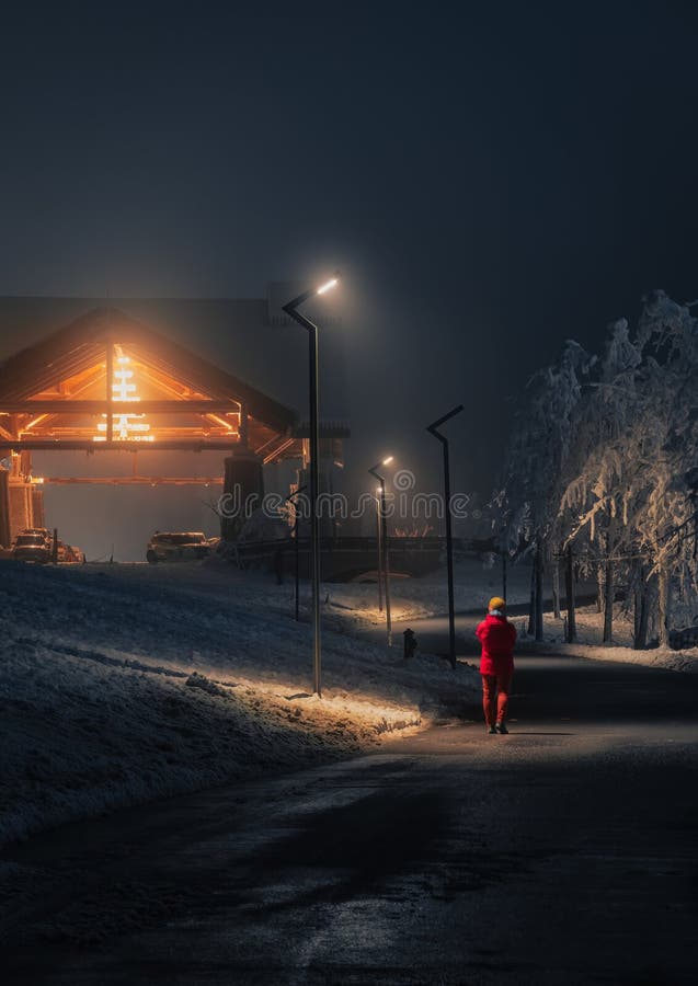 Girl Red Walking Alone Cold Snowy Night Stock Photos - Free & Royalty ...