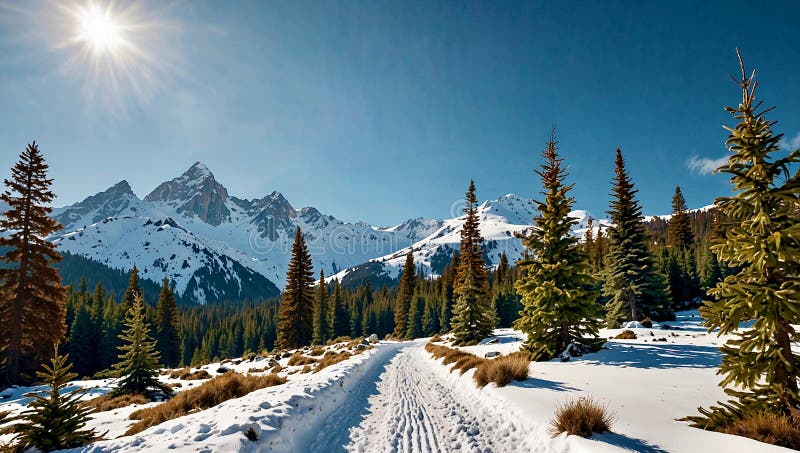 Walking Along an Alpine Track with Pine Trees Snow and a Blue Sky. AI ...