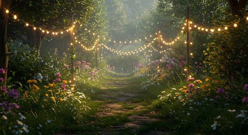 Walking Along a Fairytale Path Lit by String Lights in Nature Stock ...