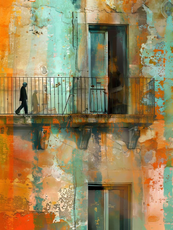 Walking on a Balcony in a Colorful, Run-down Building. Stock Photo ...